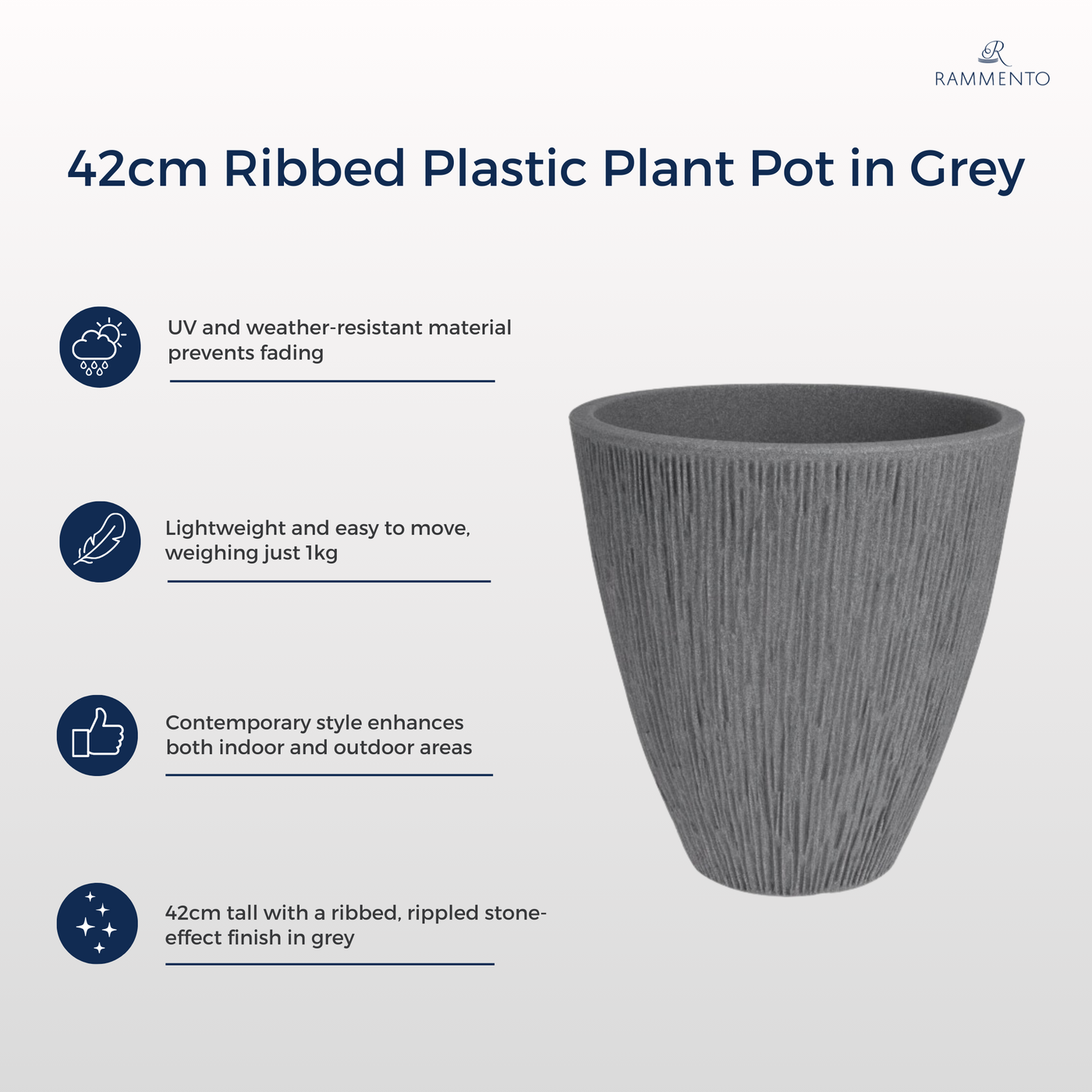 Rammento 42cm Tall Plastic Plant Pot Ribbed Grey Stone-Effect Home/Pat ...