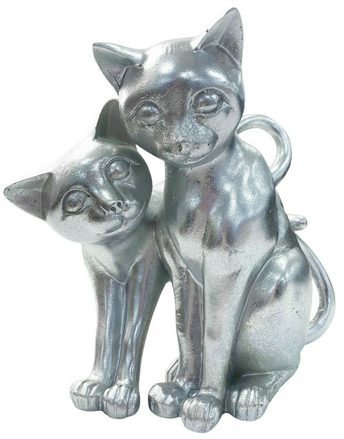 Silver Cat Ornament Metallic Finish Twin Cats Figurine Home Decor Pet ...